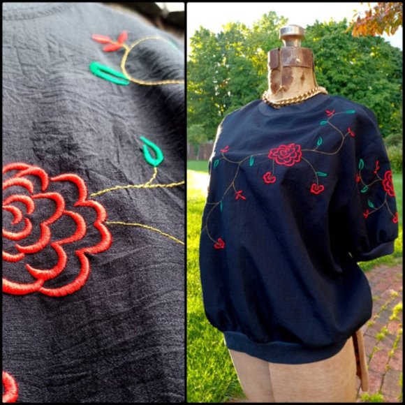 Vintage | Tops | Vintage 8s Rose Bloom Vine Embroidered Bonworth Baggy ...